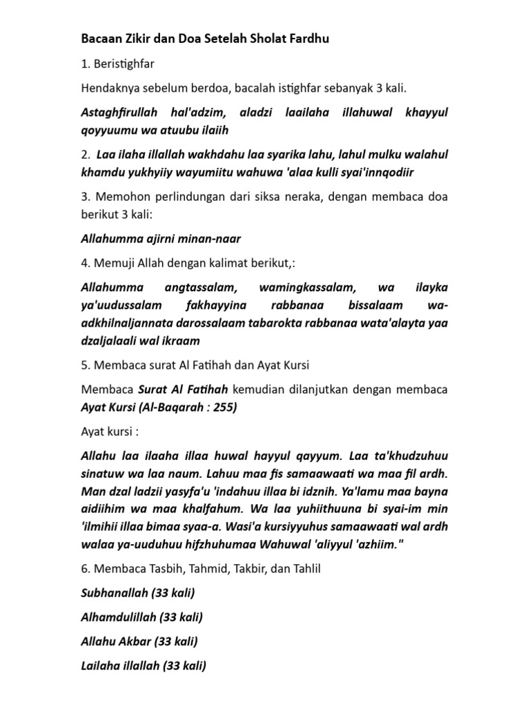 Bacaan Zikir Dan Doa Setelah Sholat Fardhu | PDF