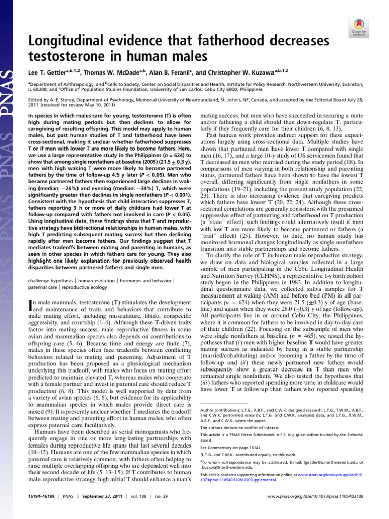 Gettler Et Al 2011 Longitudinal Evidence That Fatherhood Decreases ...