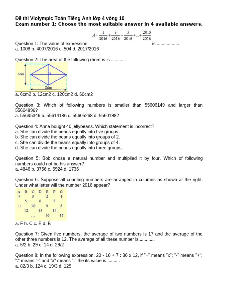 Grade 4 Math Quiz Violympic Exam | PDF | Mathematics | Elementary ...
