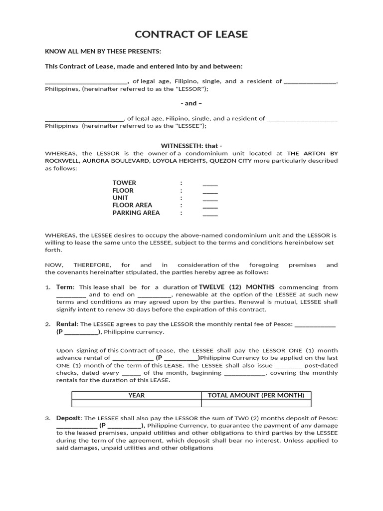 Contract of Lease - TEMPLATE | PDF | Lease | Common Law