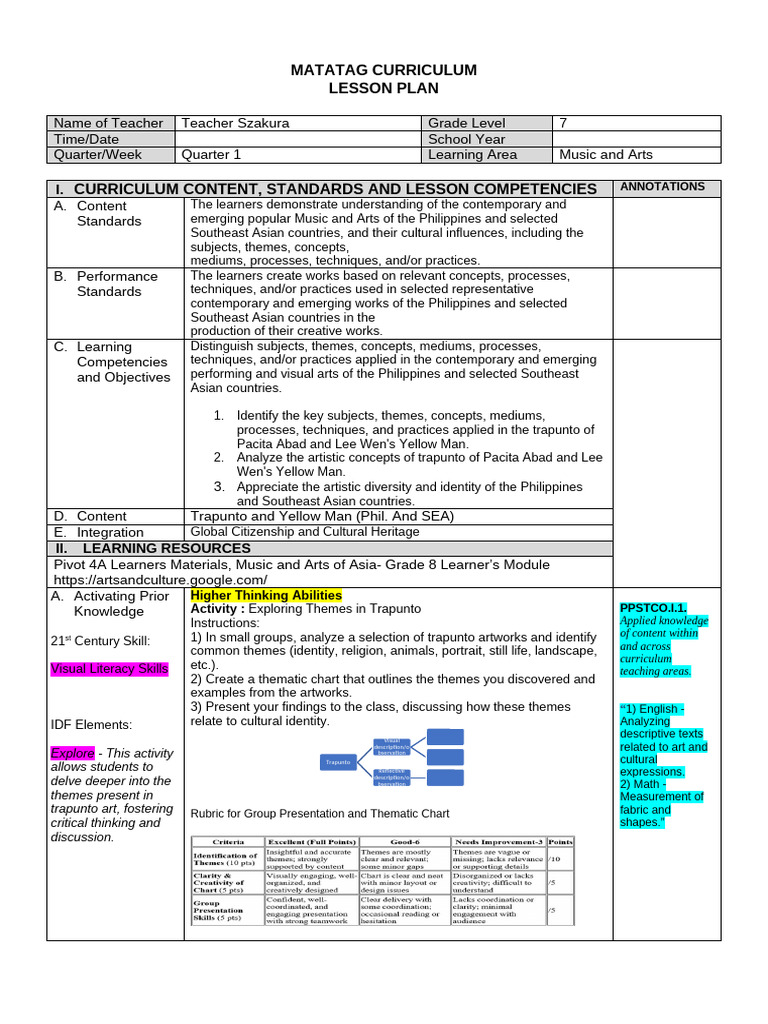 Lesson Plan Quarter 1 Music and Arts | PDF | Learning | Communication