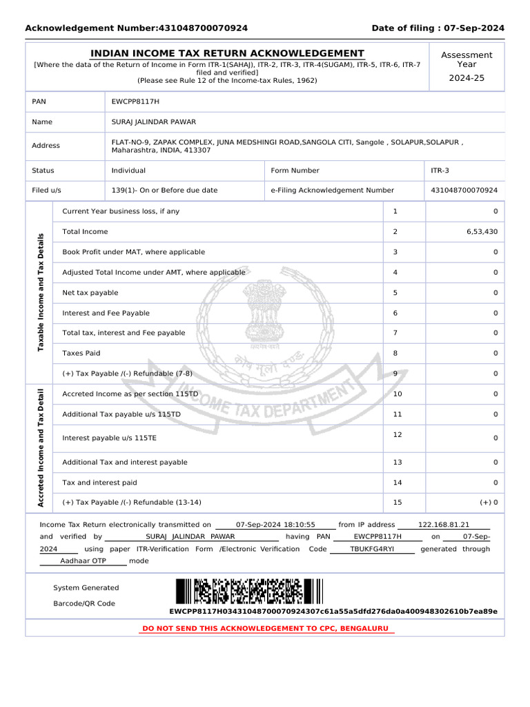 ITR, Comp. Sheet, Balance Sheet and P&L Ac. of Suraj Pawar For A.Y ...