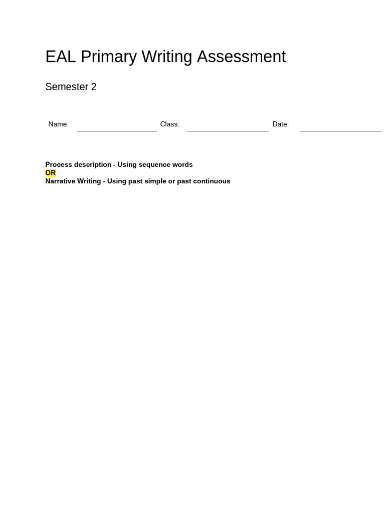 EAL Primary Writing Assessment - S2 | PDF