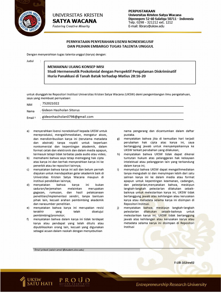 Gideon - Formulir Pernyataan Penyerahan Lisensi Noneksklusif Dan Pilihan Embargo Tugas Akhir F ...