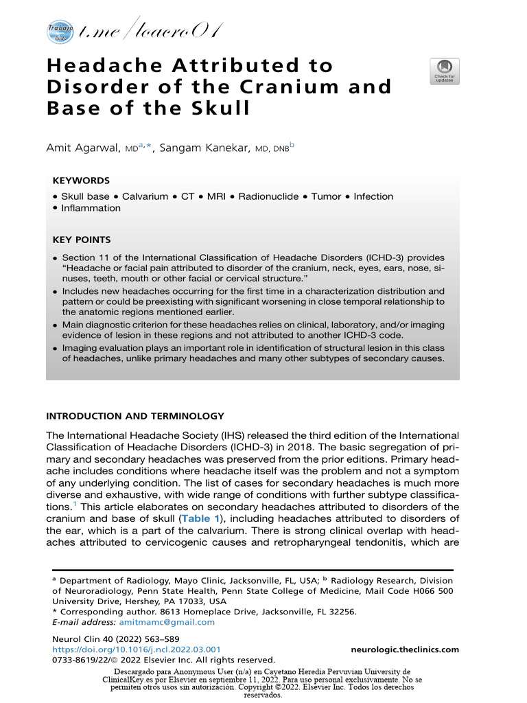 Headache Attributed to Disorder of the Cranium and Base of the Skull ...