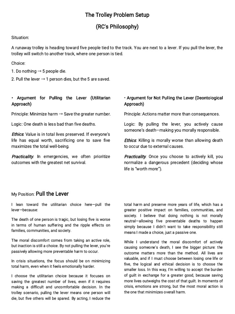 Trolley Problem: Utilitarian vs. Deontological Ethics | PDF ...