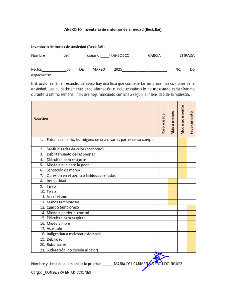 Inventario de Síntomas de Ansiedad BAI | PDF