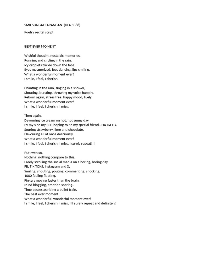 Best Ever Moment Poetry Recital | PDF
