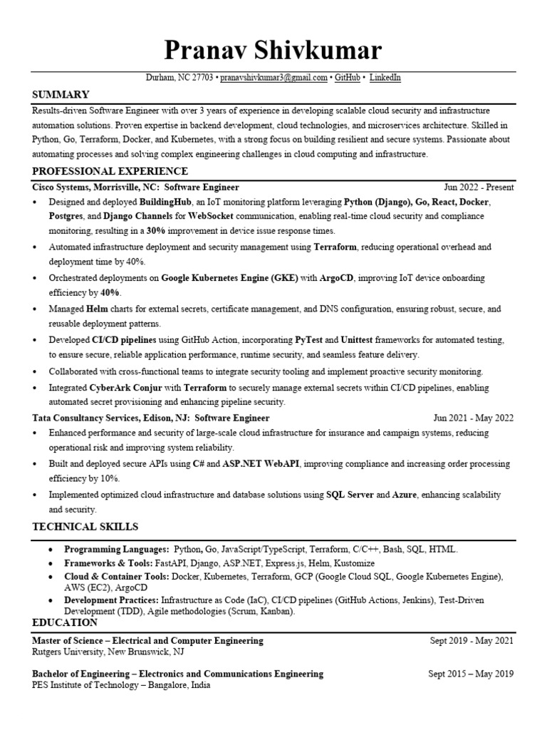 Pranav Shivkumar Resume | PDF | Cloud Computing | Security