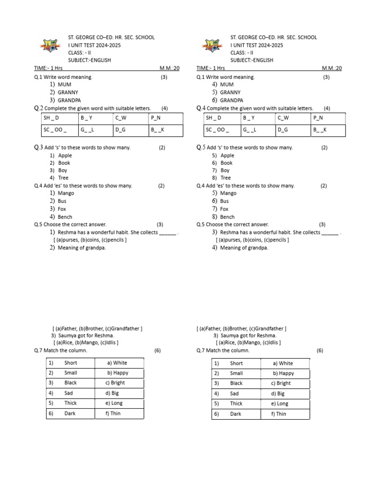 Class II English Unit Test 2024-25 | PDF
