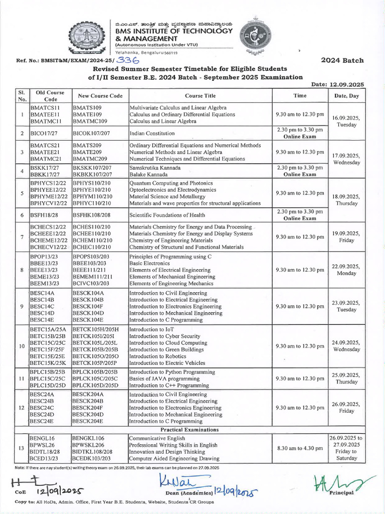 Revised Summer Semester Timetable For I & II Sem Students - 2024 Batch | PDF