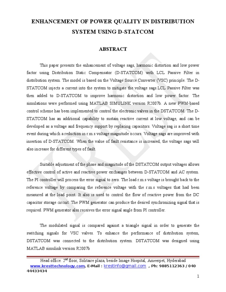 Mitigating Power Quality Issues In Distribution Systems Using A D Statcom With Lcl Filter And
