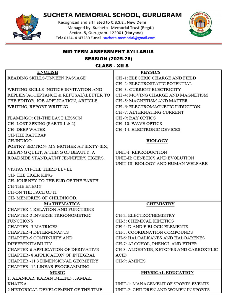CLASS 12 SC. MidTerm - Syllabus - 2025!26!12 | PDF | Physics