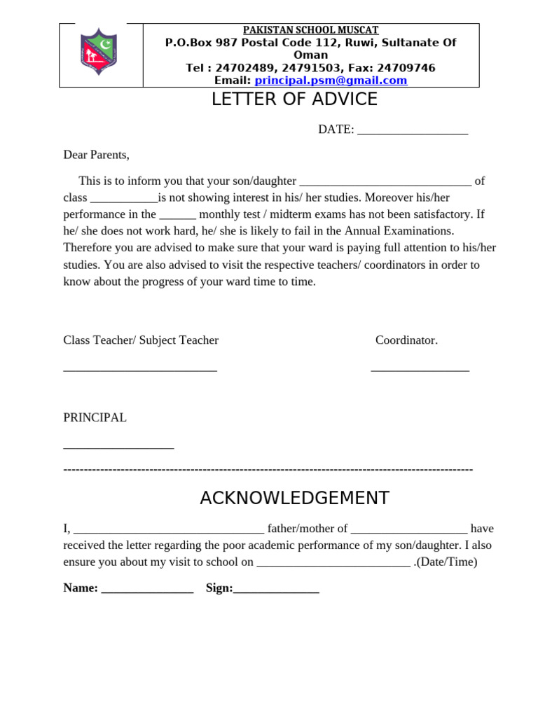 Student Academic Performance Alert Letter | PDF