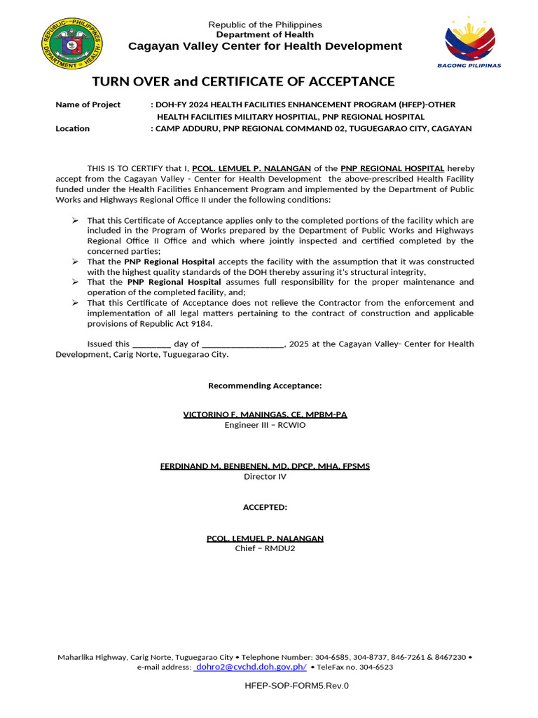 Sop 01 Form5 Turn Over and Certificate of Acceptance PNP | PDF | Philippines