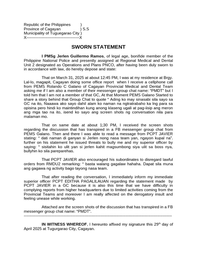 Sworn Statement of PMSg Jerlen Ramos | PDF