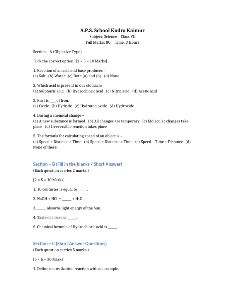 Class VIII Science Exam Paper | PDF