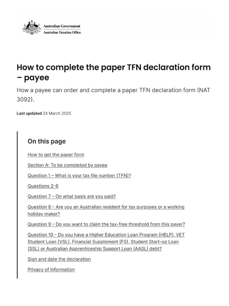 How To Complete The Paper TFN Declaration Form - Payee - Australian Taxation Office | PDF