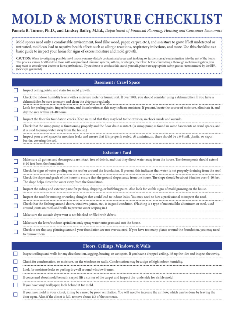 Mold and Moisture Inspection Checklist | PDF | Basement | Mold