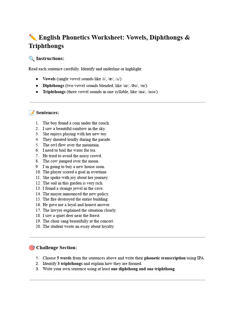 English Phonetics Worksheet - Vowels, Diphthongs & Triphthongs | PDF