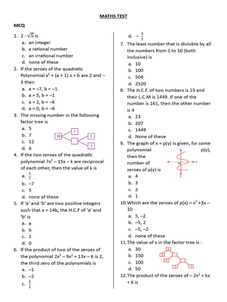 MATHS TEST - Real Numbers and Polynomials | PDF | Polynomial | Numbers