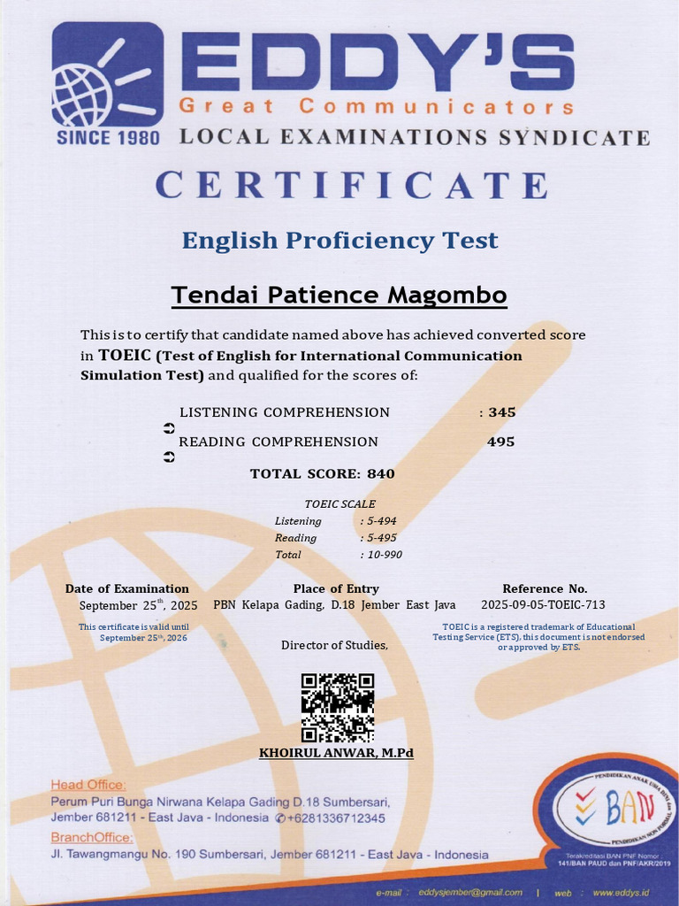 TOEIC Certificate: Score 840 Achieved | PDF