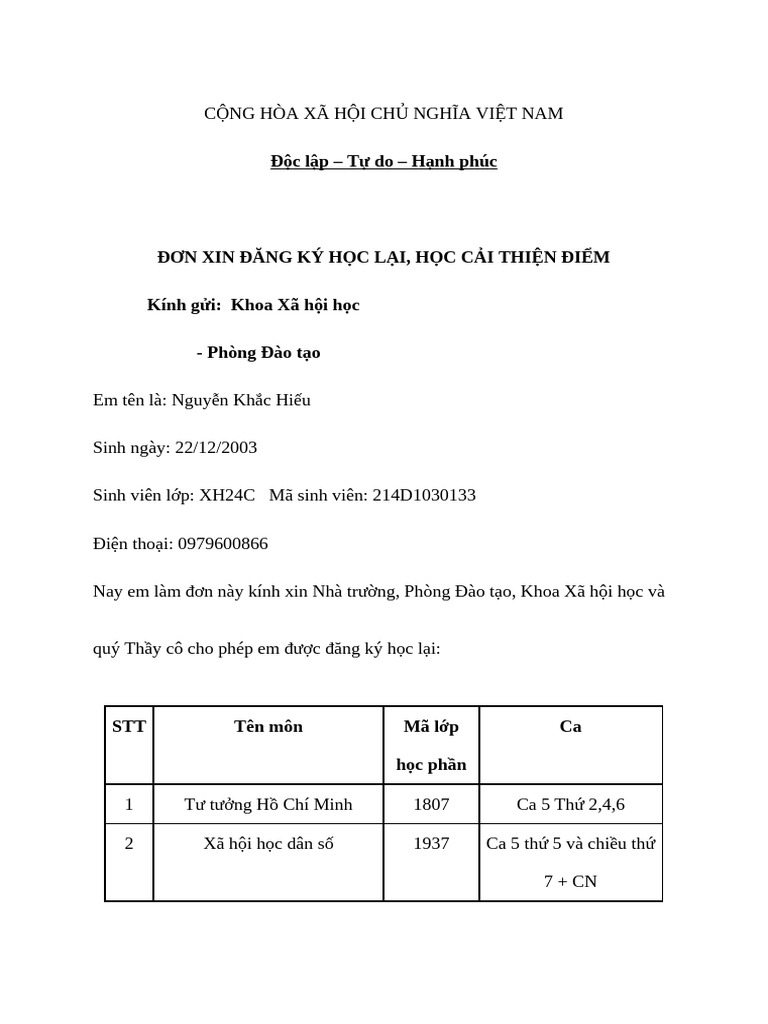 Don Xin Dang Ky Hoc Lai | PDF