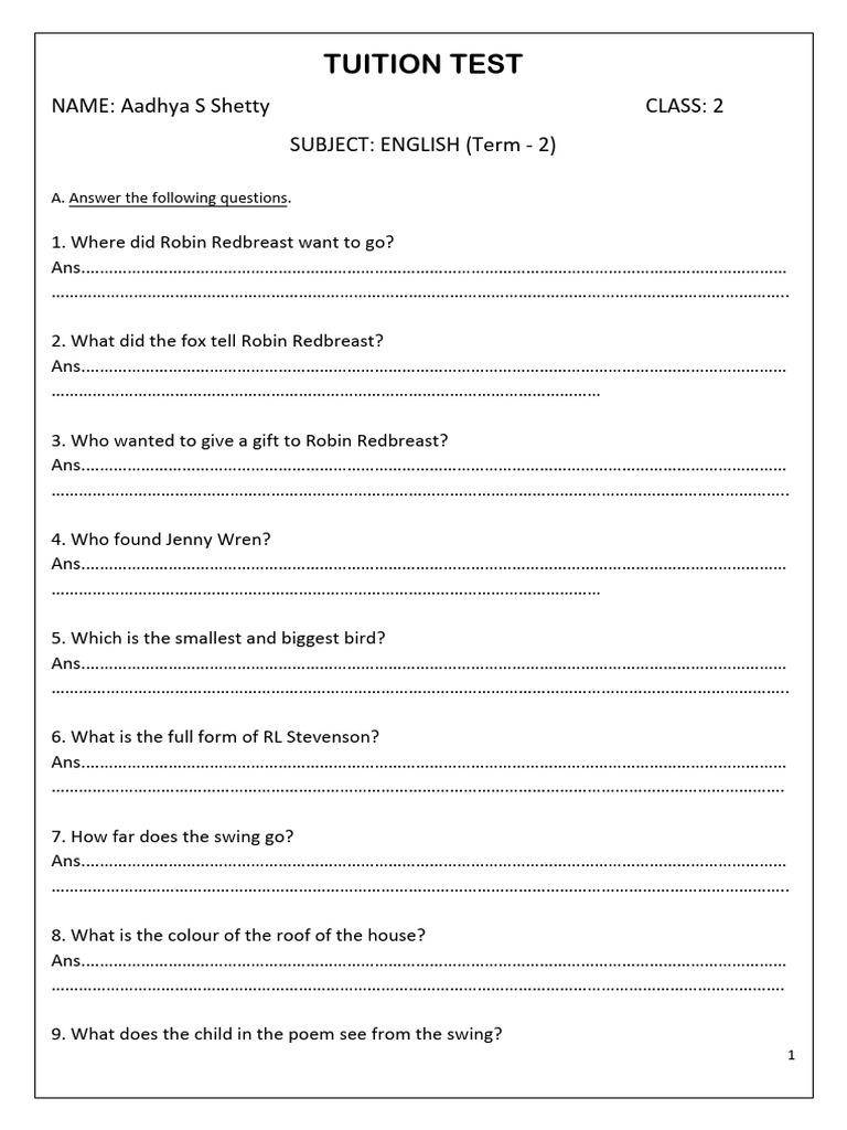 English Term 2 Test Paper for Class 2 | PDF