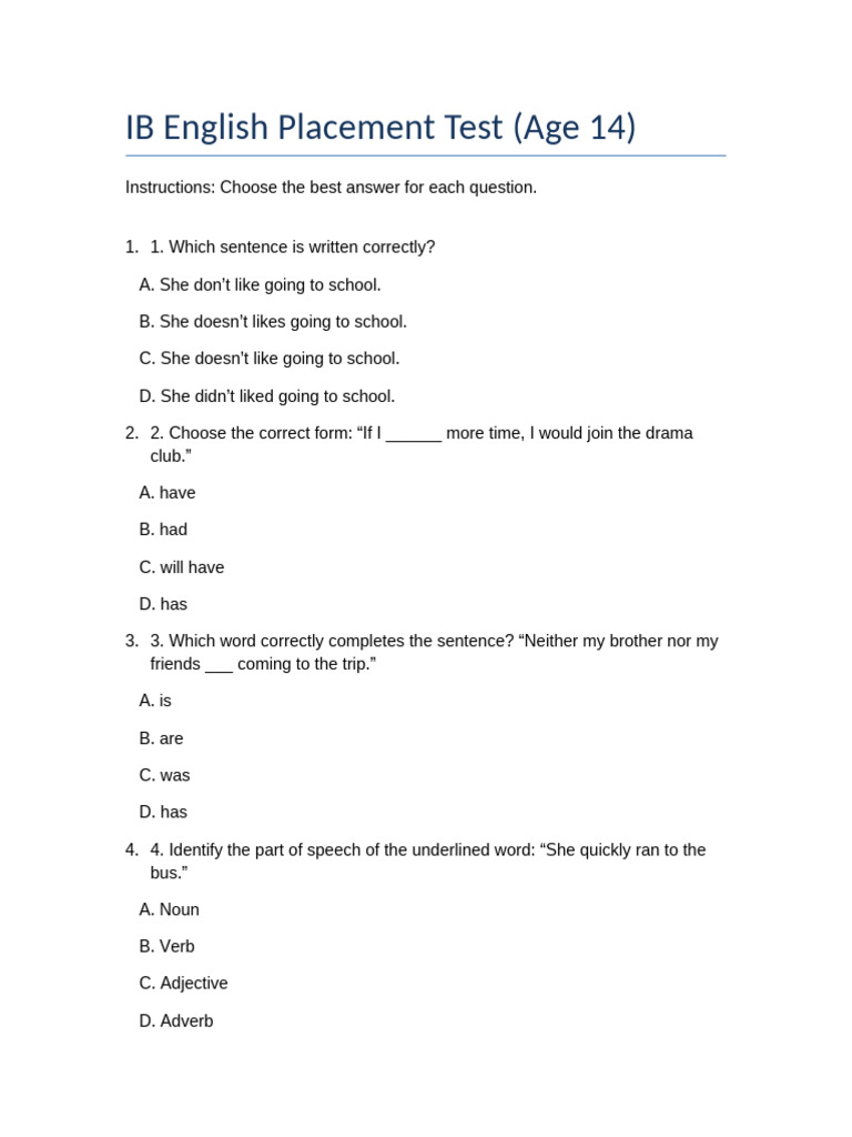 IB English Placement Test for Age 14 | PDF | Part Of Speech | Language ...