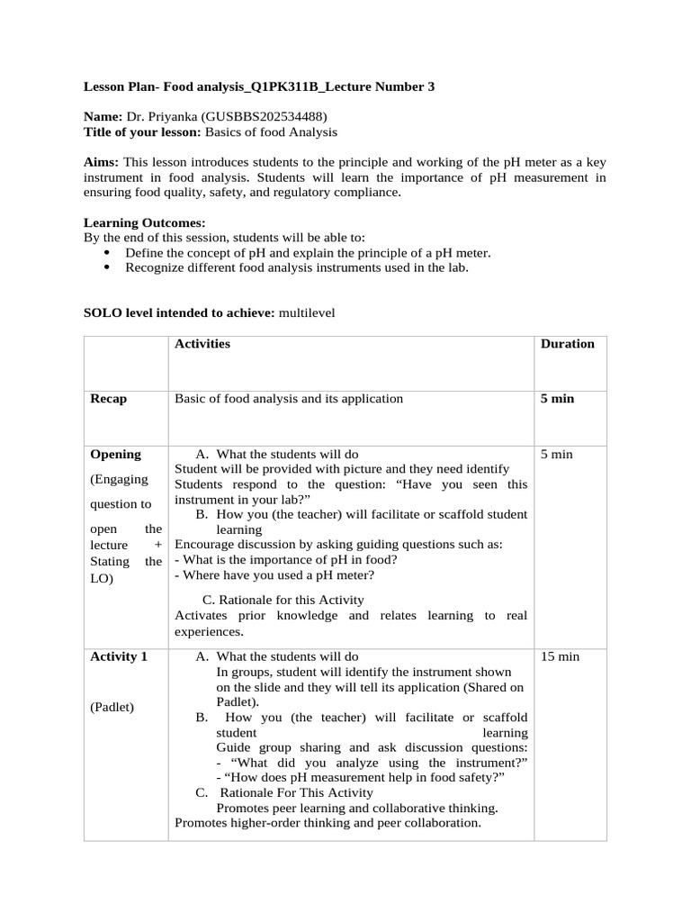 Food Anlysis Lesson Plan 3 | PDF | Lesson Plan | Critical Thinking
