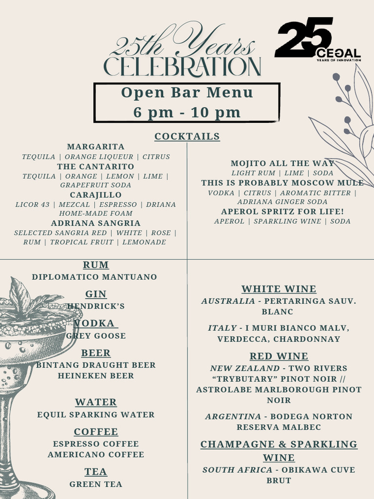 25th Anniversary Open Bar Menu | PDF