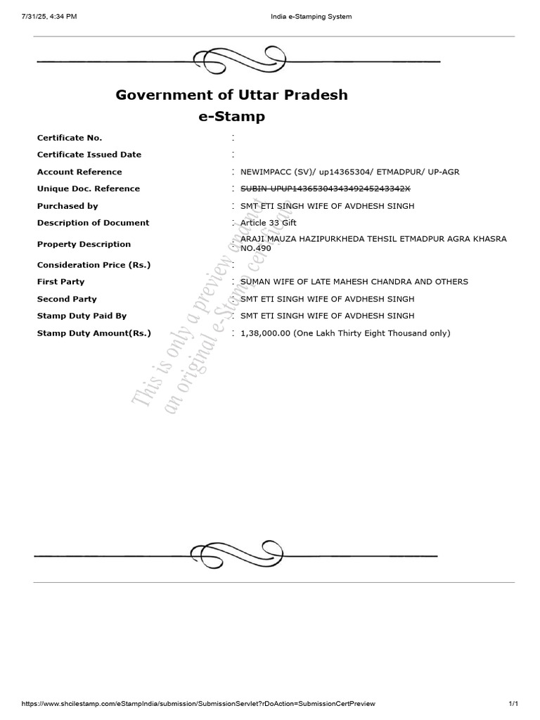 Government of Uttar Pradesh E-Stamp | PDF