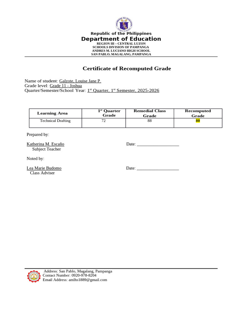Certificate of Recomputed Grades 2025-2026 | PDF