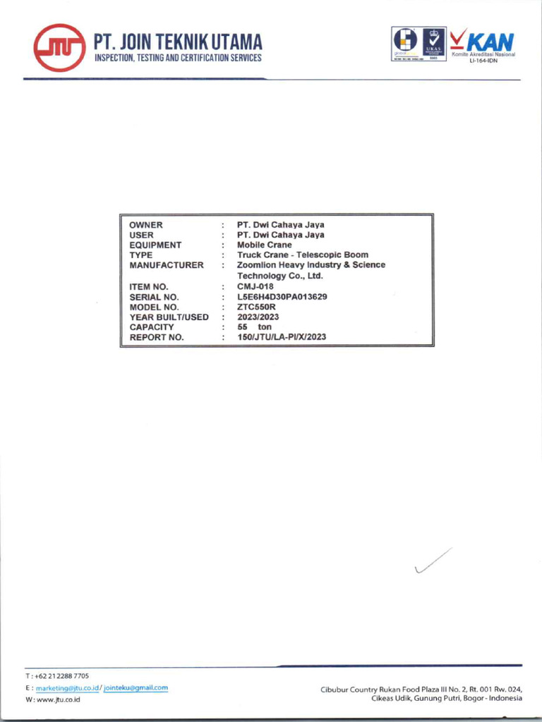 Certificate of Inspection (Coi) Mobile Crane Zoomlion Ztc550r Kap. 55 Ton Sn. L5e6h4d30pa013629 ...