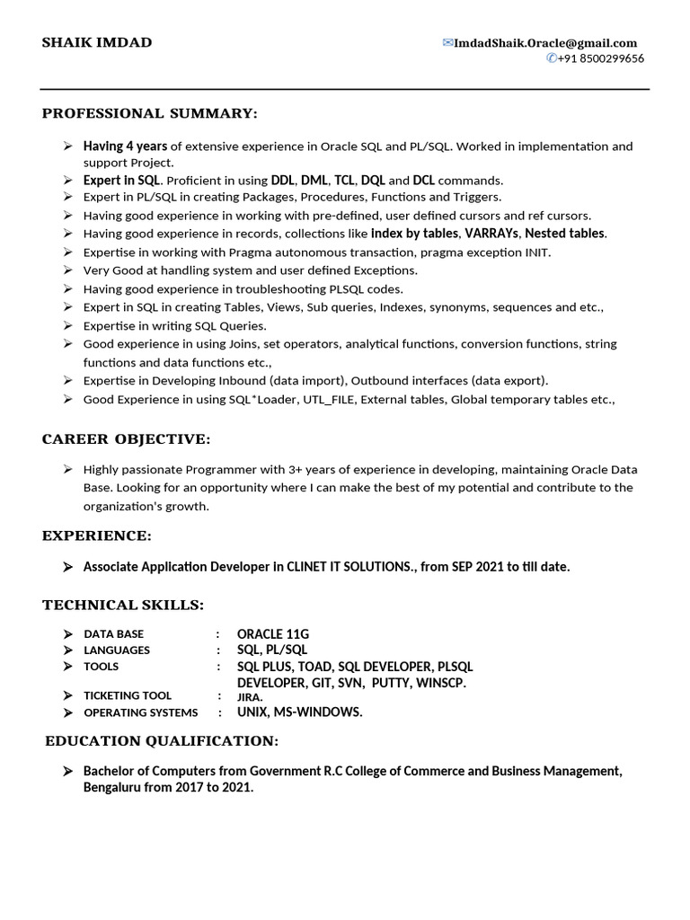 Shaik Imdad 4.0yrs Resume | PDF | Pl/Sql | Databases