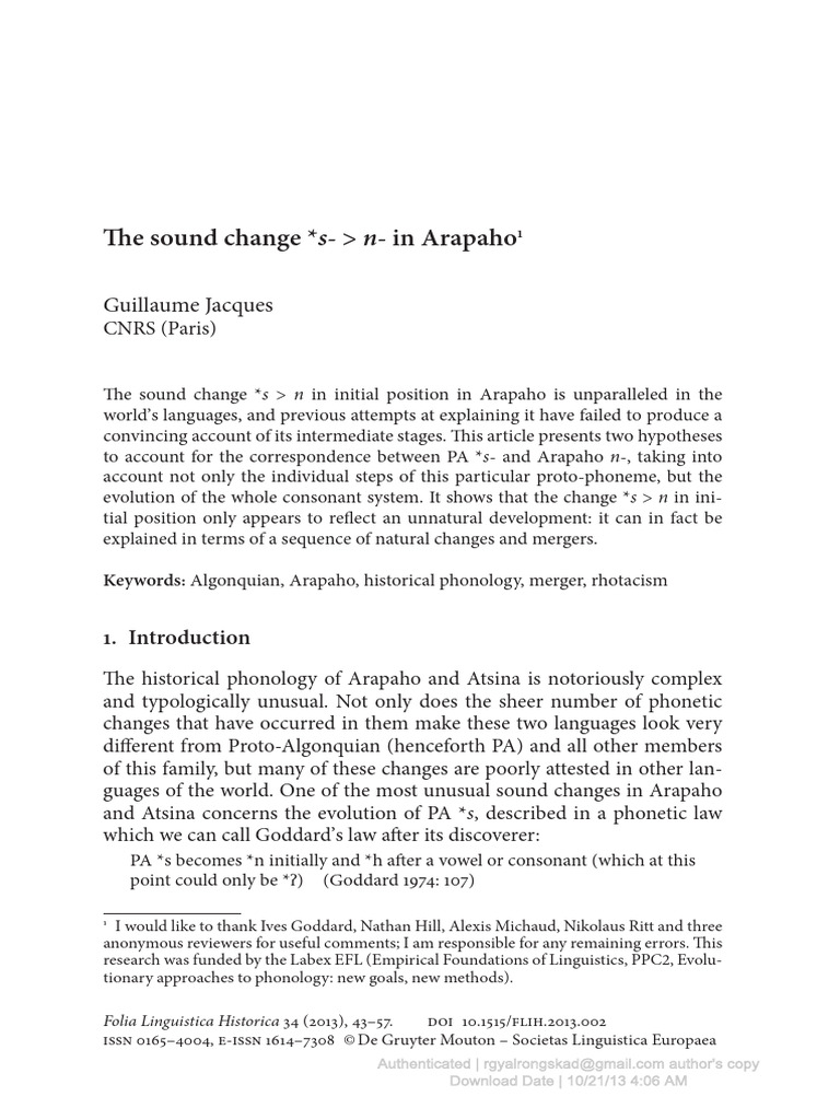The Sound Change S N in Arapaho | PDF | Phoneme | Language Families
