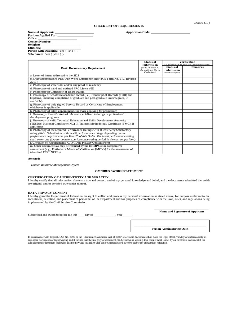 Applicant Requirements Checklist Form | PDF