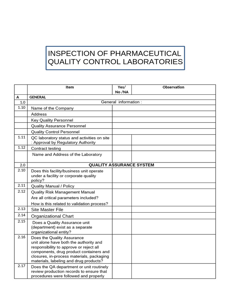Pharmaceutical QC Lab Inspection Checklist | PDF | Calibration ...