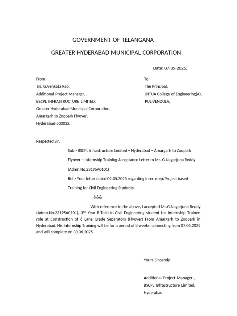 Internship Acceptance for Civil Engineering | PDF