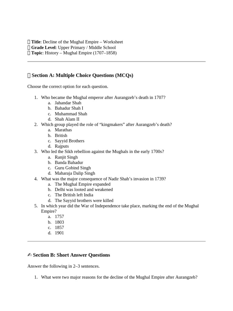 ? Mughal Decline 1st Worksheet | PDF