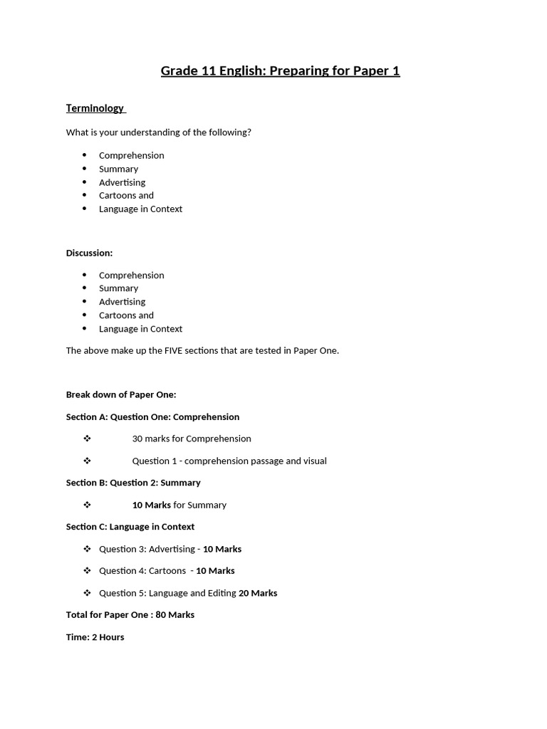 GR 11 - Eng (FAL) - 11 - Preparing For Paper 1 2 | PDF | Reading ...