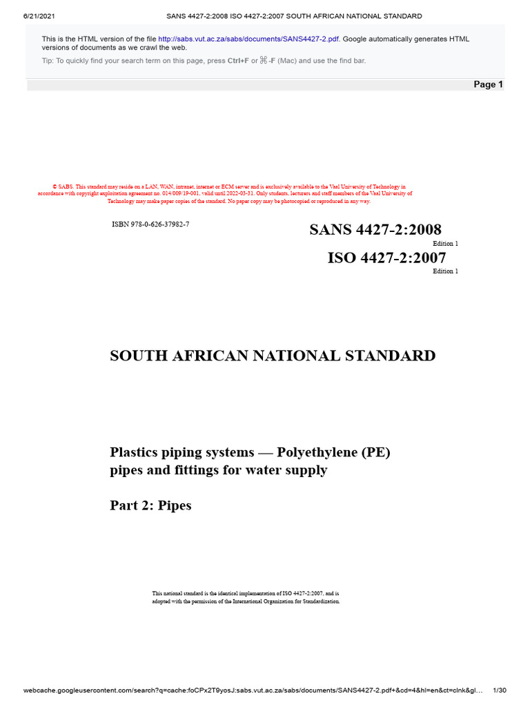 SANS 4427-2:2008 PE Pipes Standard | PDF | Pipe (Fluid Conveyance ...
