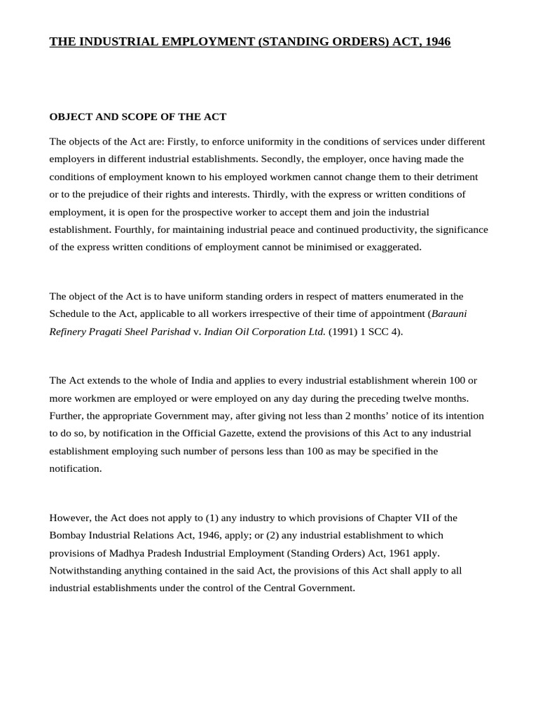 The Industrial Employment Standing Order Act | PDF | Employment | Trade ...