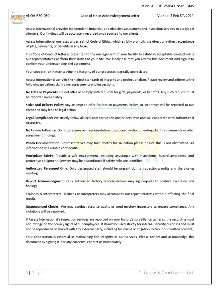 ASSESS Code of Ethics Acknowledgement - Rev 2 | PDF | Bribery | Business
