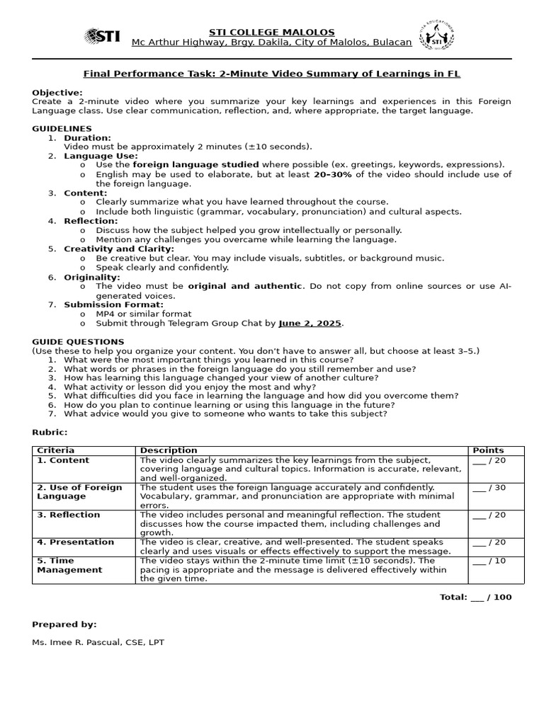 2-Minute Video Summary Guidelines for FL Class | PDF | Foreign Language ...