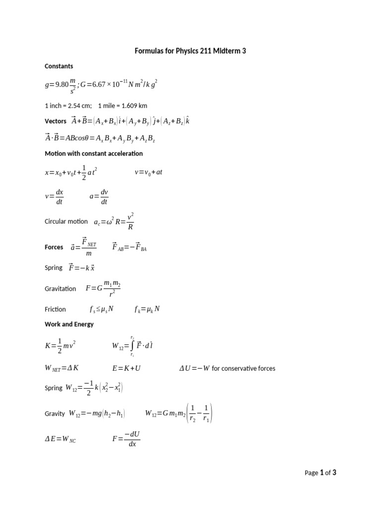Formulas Phys 211 Midterm 3 | PDF | Rotation Around A Fixed Axis | Quantity
