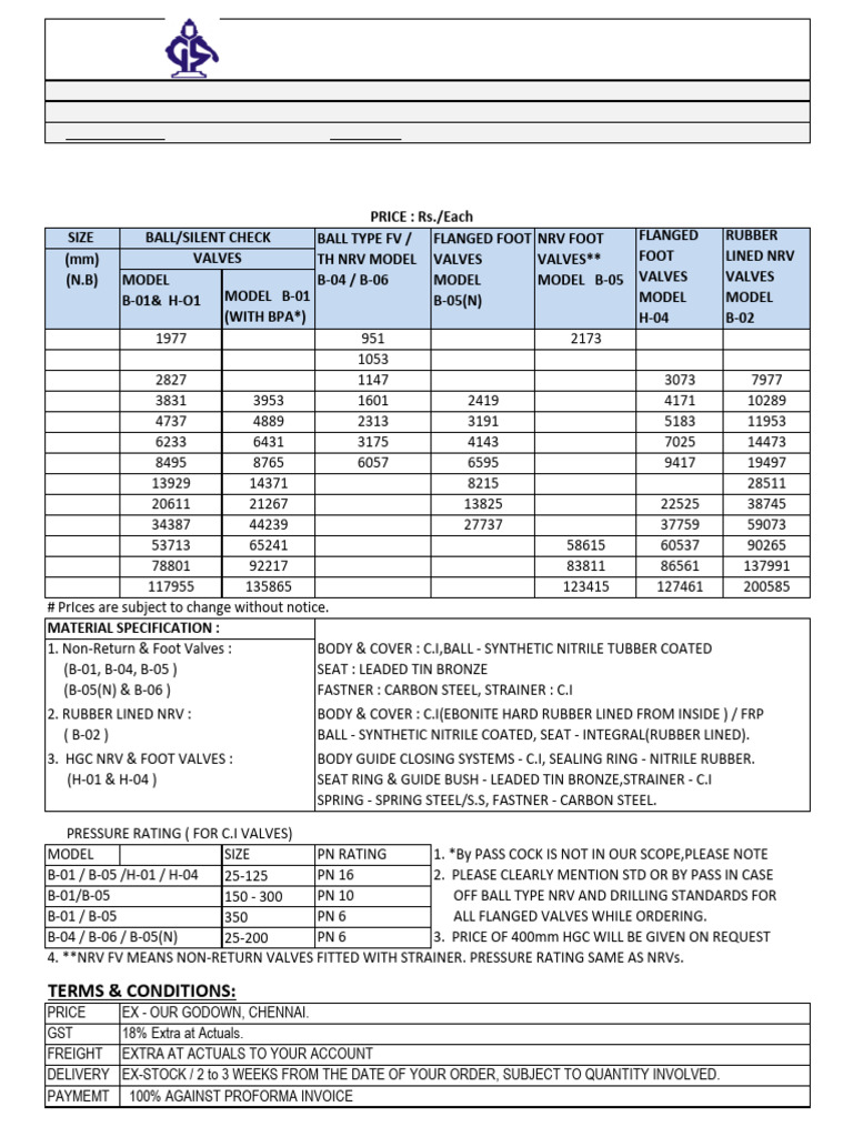 Normex All Valves Price List | PDF | Valve | Materials