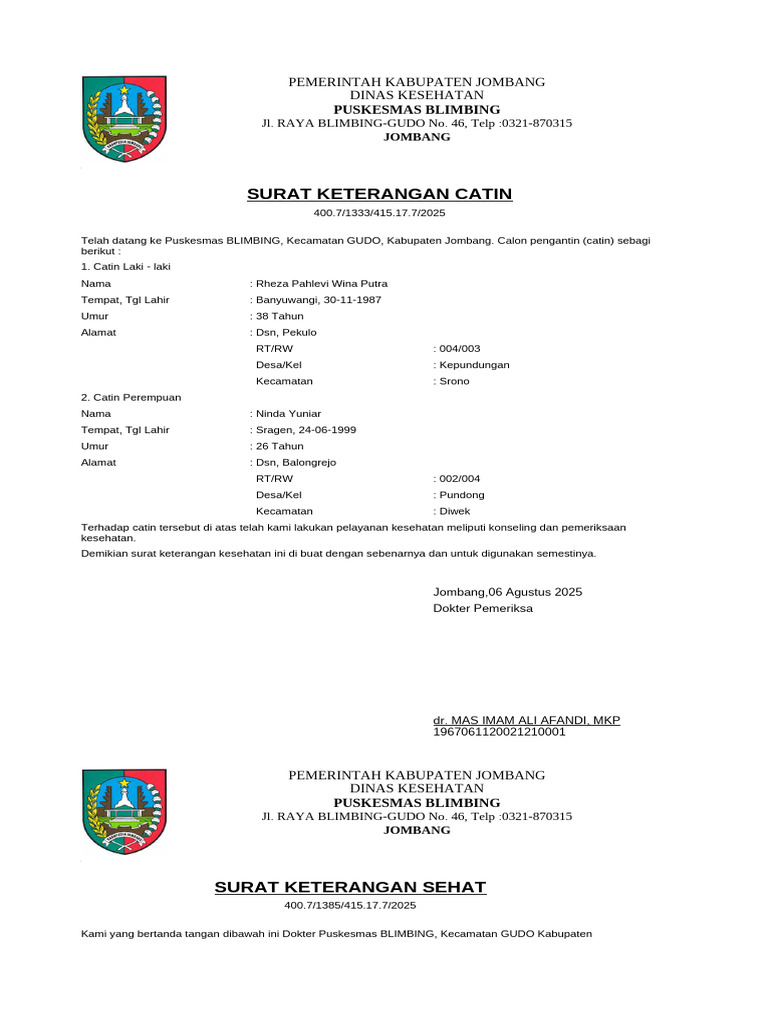 Surat Keterangan Kesehatan Catin Jombang | PDF