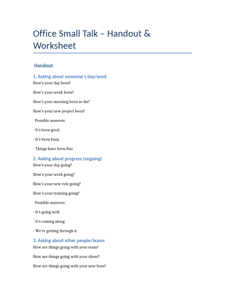 Office Small Talk Handout Worksheet | PDF