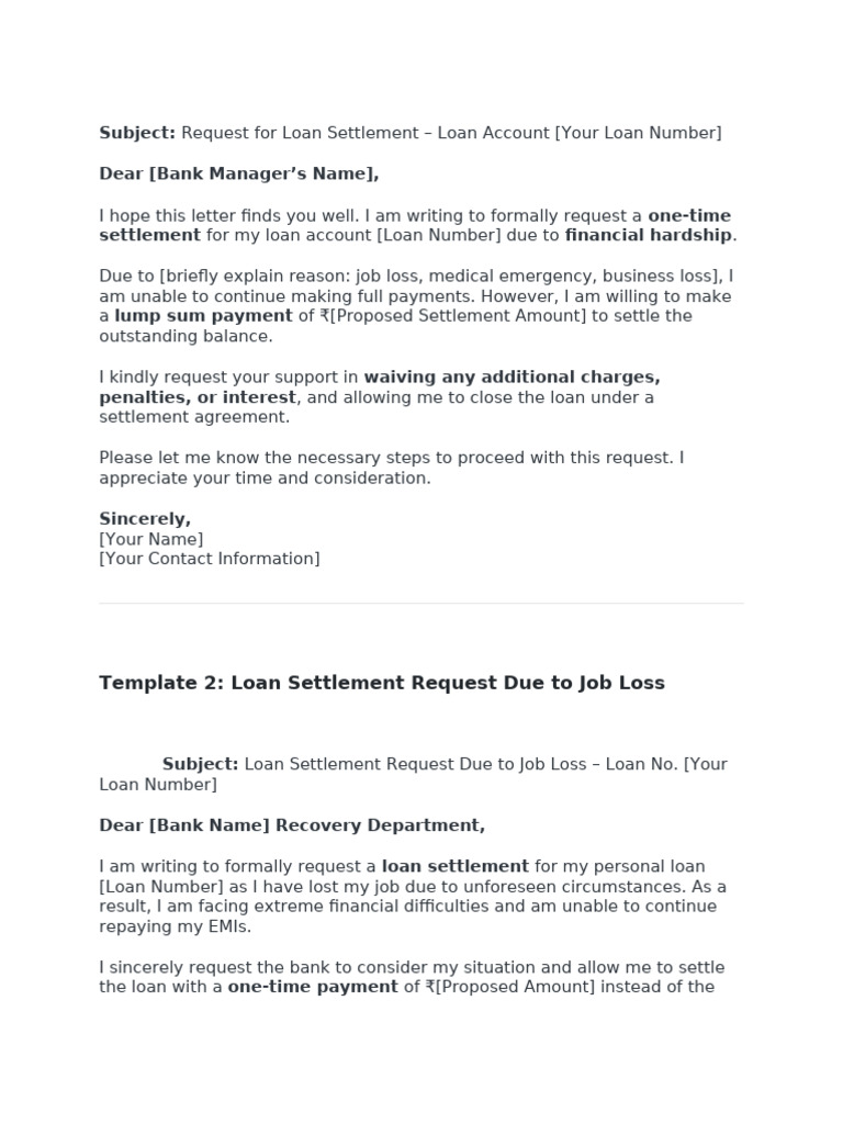Loan Settlement Request Templates | PDF | Loans | Banks